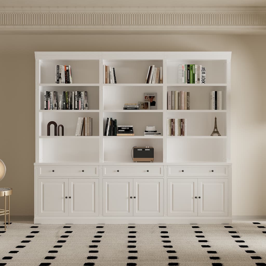 102.4" Large 6-Door Bookshelf w/Drawers Solid Pine Top Display Bookcase Bronze Handles White ...